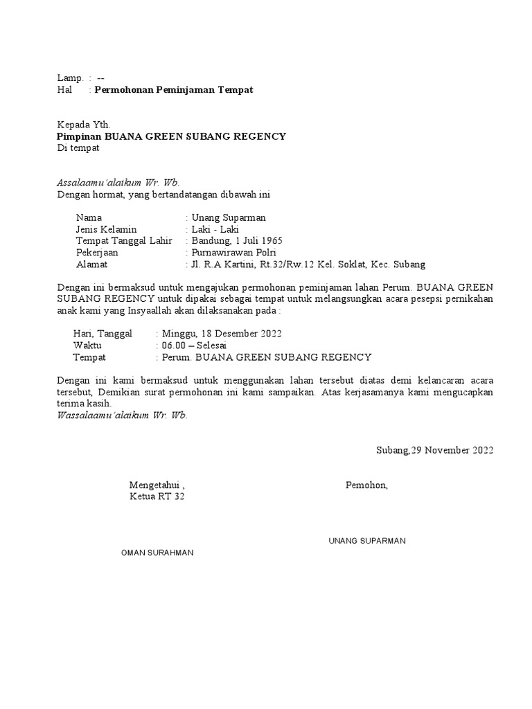 Surat Permohonan Izin Tempat | PDF