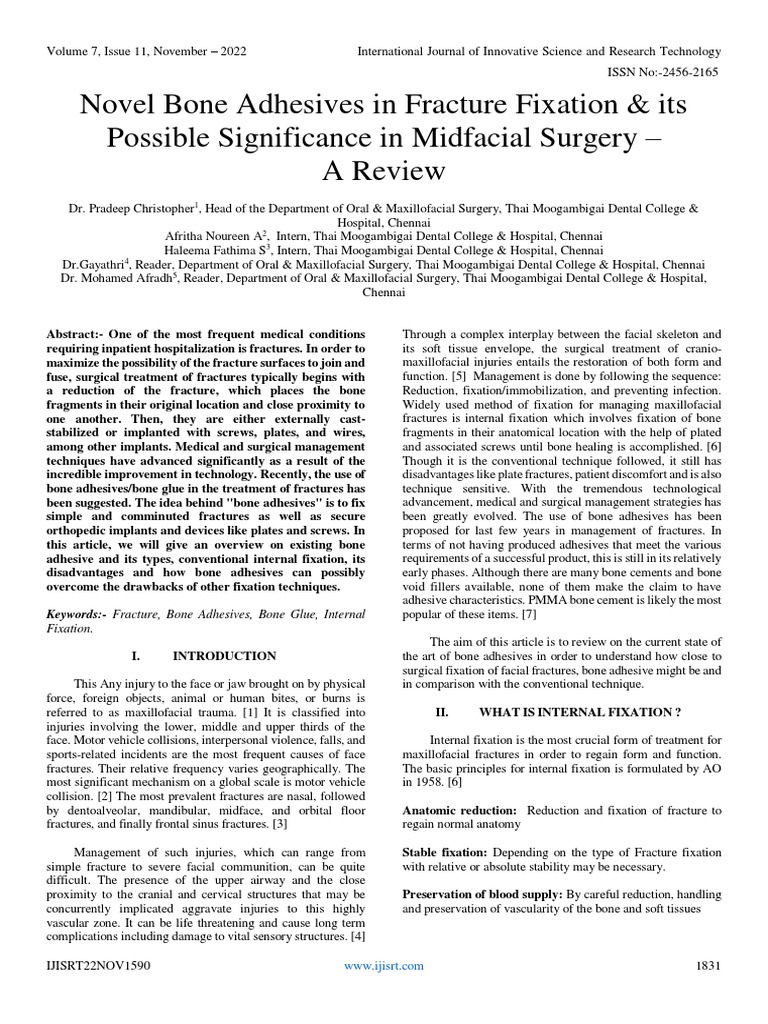 Novel Bone Adhesives in Fracture Fixation & Its Possible Significance ...