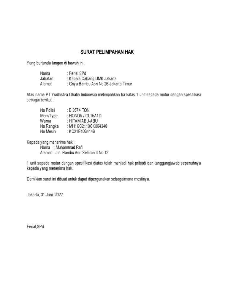 Surat Pelimpahan Hak Motor | PDF