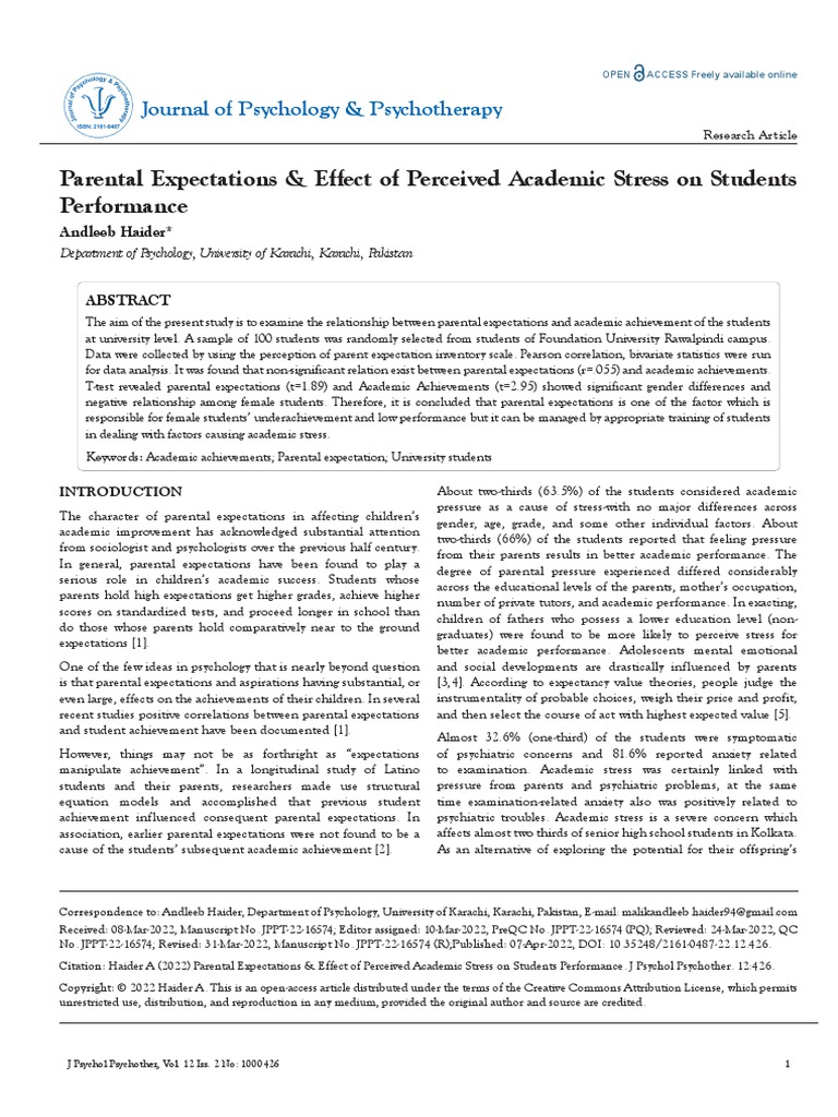 Parental Expectations Effect of Perceived Academic Stress On Students Performance | Download ...