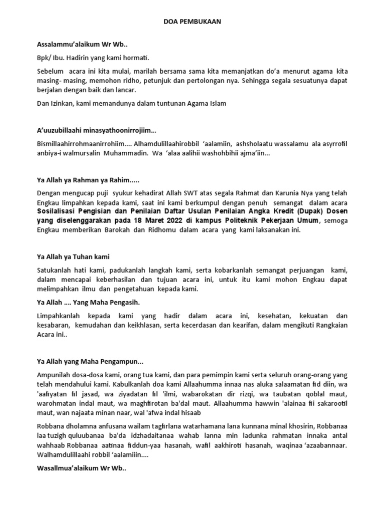 DOA PEMBUKAAN Sosialisasi Dupak Dosen | PDF | Pengembangan Diri | Agama & Spiritualitas