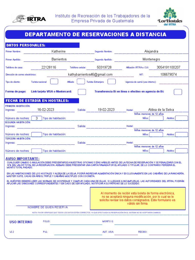 Formulario Reservas A Distancia Hostales RD | PDF
