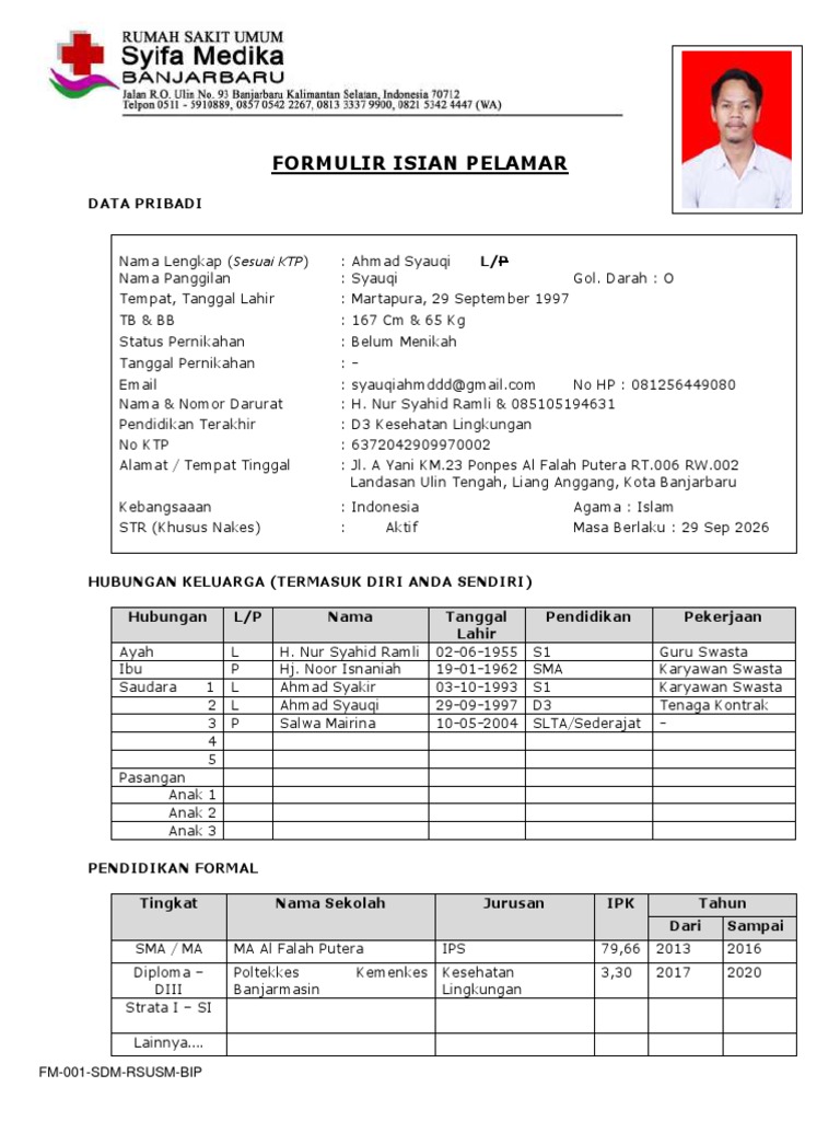 Form Isian Pelamar RSUSM 2022 | PDF