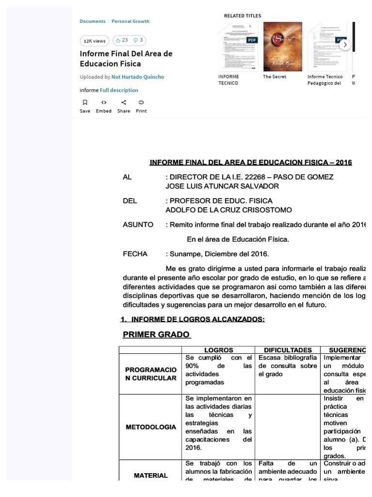 PDF Informe Final Del Area de Educacion Fisica - Compress | PDF