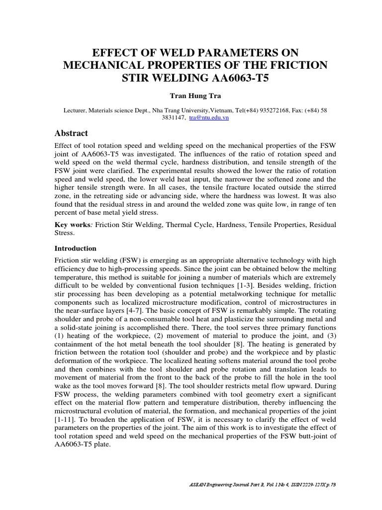 Effect of Weld Parameters On Mechanical Properties of The Friction Stir Welding Aa6063-T5 | PDF ...