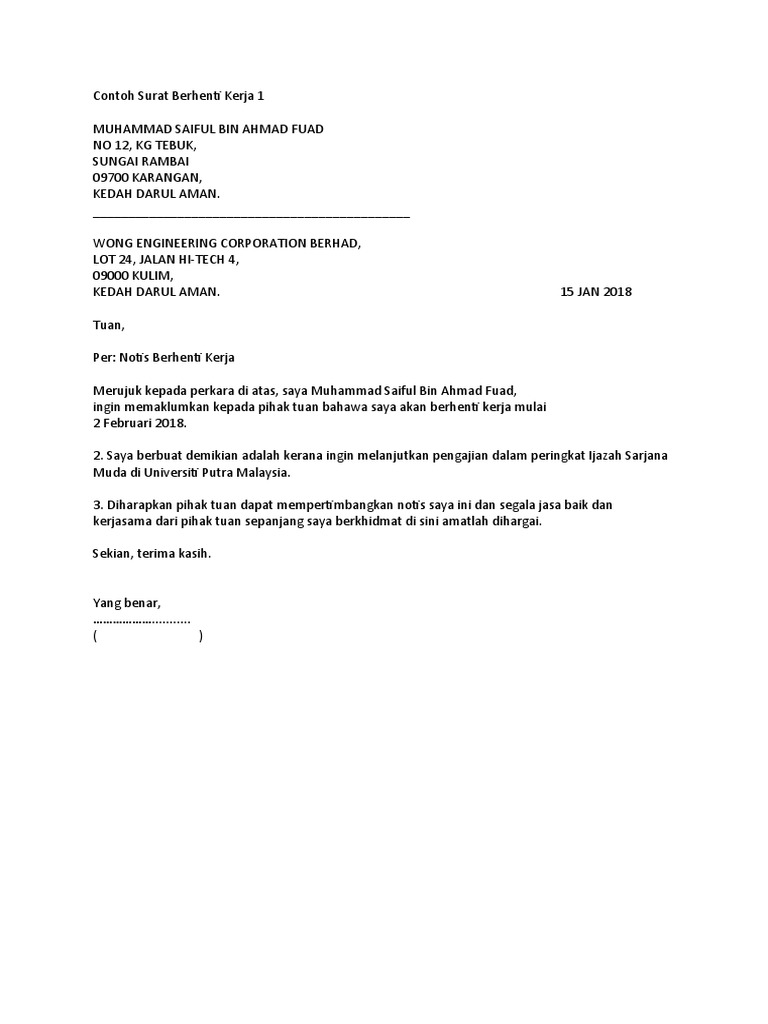 Contoh Surat Berhenti Kerja Pdf