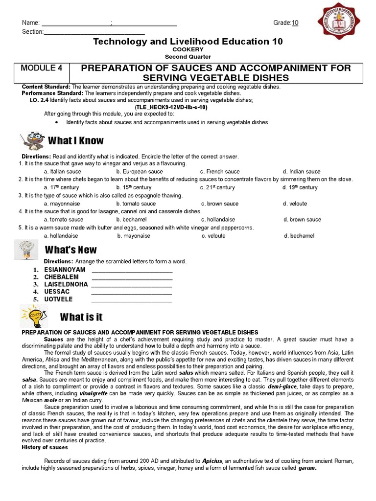 TlE 10 2nd Quarter Module 4 | PDF | Sauce | Foods