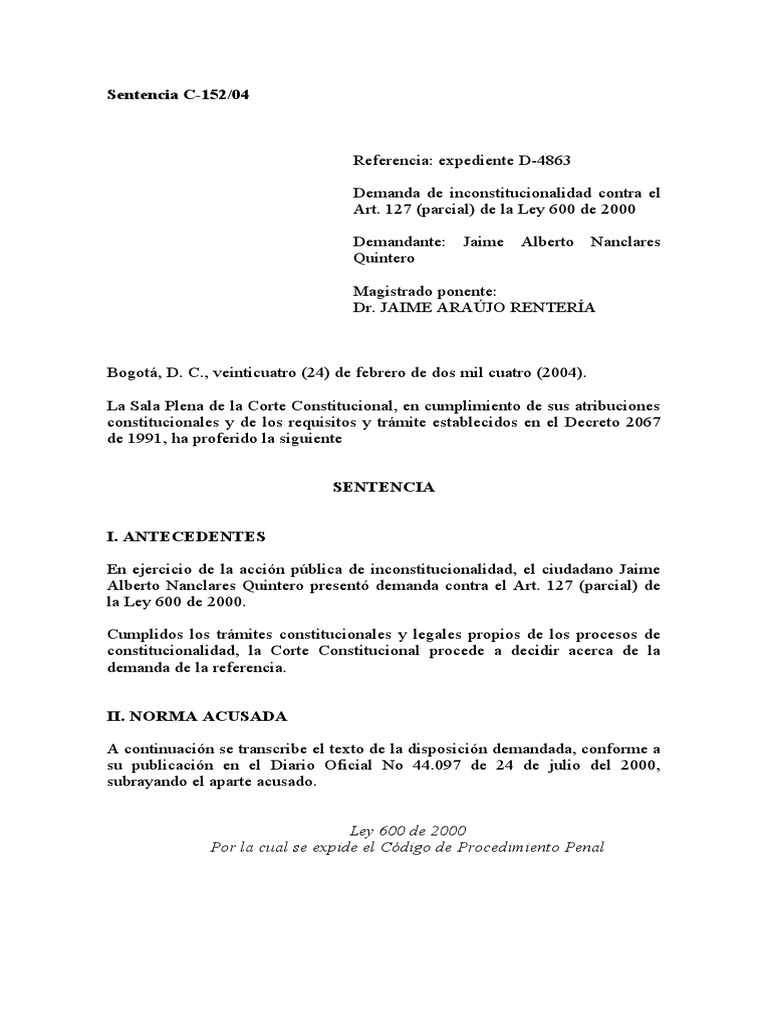 Sentencia C-152/04: Ley 600 de 2000 Por La Cual Se Expide El Código de ...