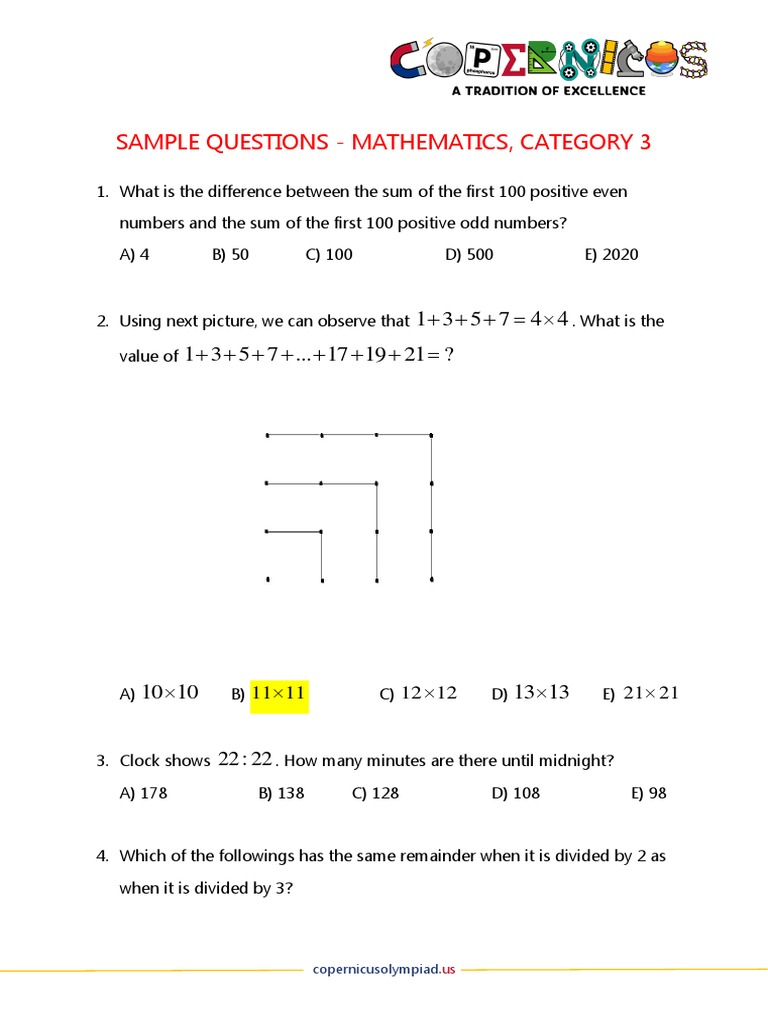 Sample Questions Mathematics Category 3 | PDF | Area | Mathematics