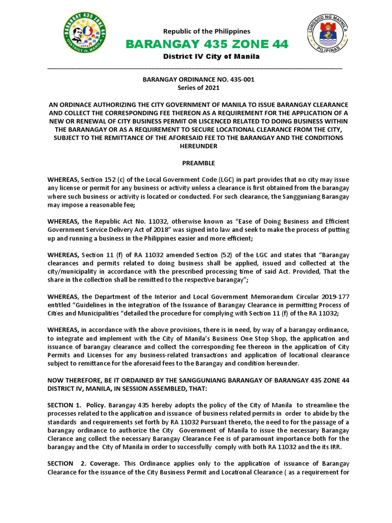Barangay Ordinance No 435-001 S 2021 Issuing Business Clearance | PDF | Sanitation | Business