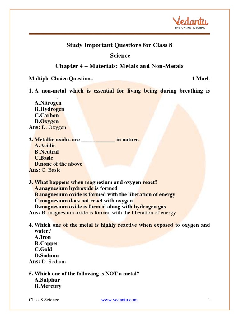 Important Questions For CBSE Class 8 Science Chapter 4 | PDF | Oxide ...