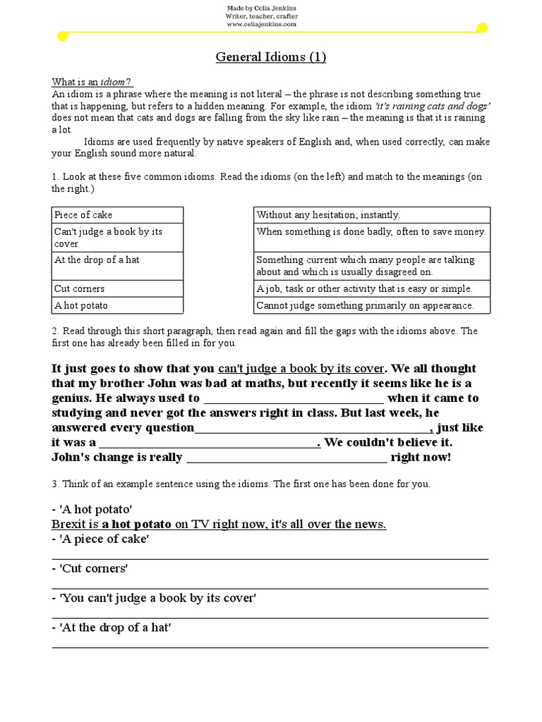 Idioms Worksheet 1 With Teachers Guide | PDF | Idiom | Linguistics