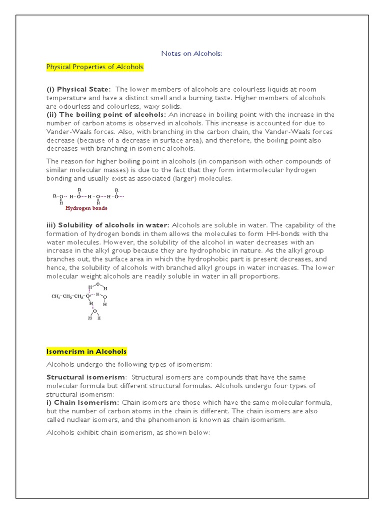 Notes On Alcohols | PDF | Ethanol | Isomer