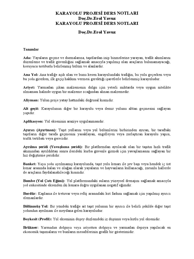 Karayolu Projesi Ders Notlari | PDF