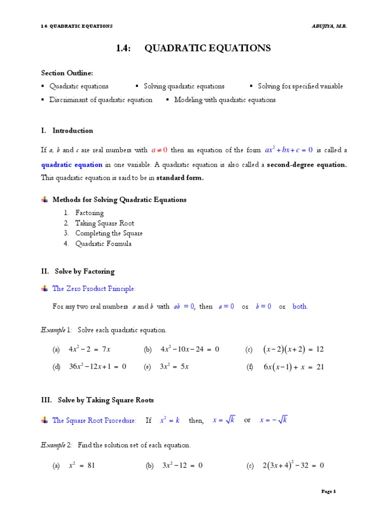 1.4: Quadratic Equations: Section Outline | PDF | Quadratic Equation ...
