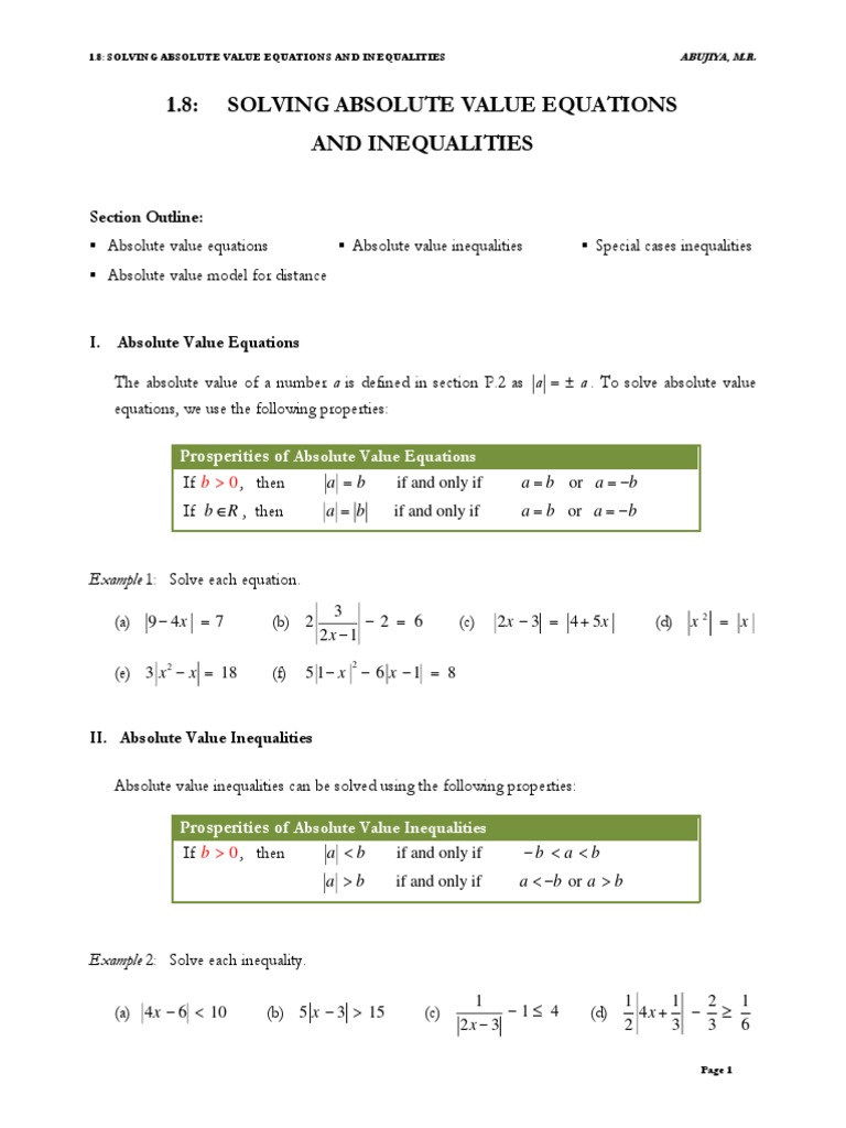 1.8: Solving Absolute Value Equations and Inequalities: Section Outline ...
