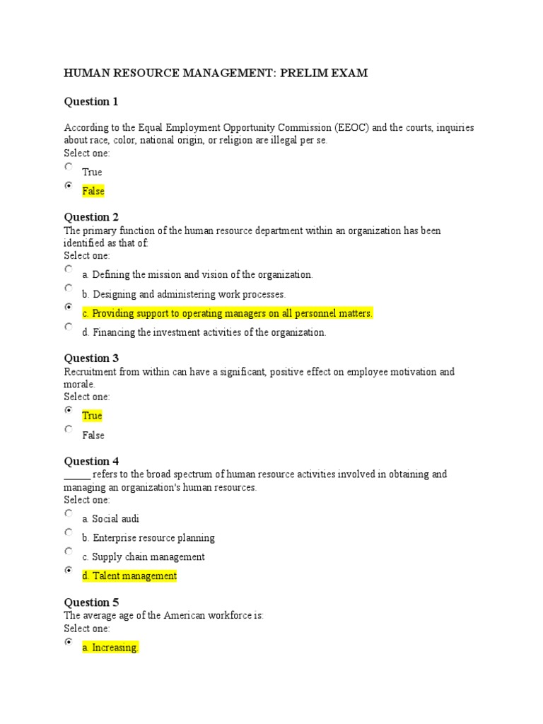 HUMAN RESOURCE PRELIM EXAM | PDF | Cost Of Living | Performance Appraisal
