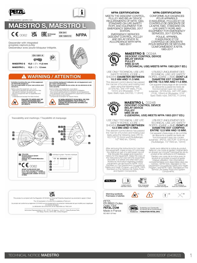 MAESTRO Descender Safety Instructions | PDF | Rope