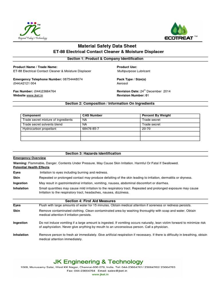 ET-88 MSDS - Electrical Contact Cleaner & Moisture Displacer | PDF ...