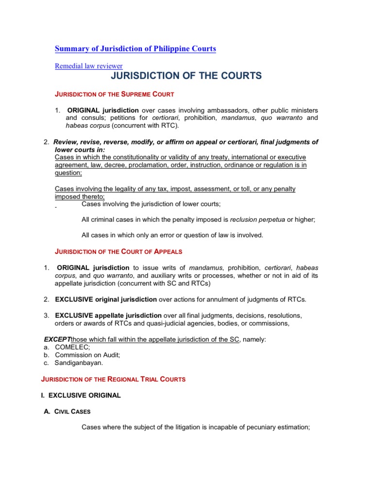 Philippine Courts and Their Jurisdictions | PDF | Legal Procedure ...