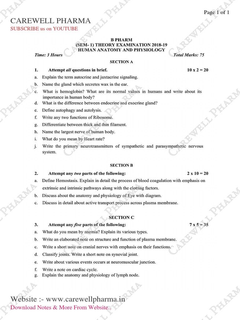 Hap-1 Question Paper 2018-19 1st Semester | PDF | Human Body | Coagulation