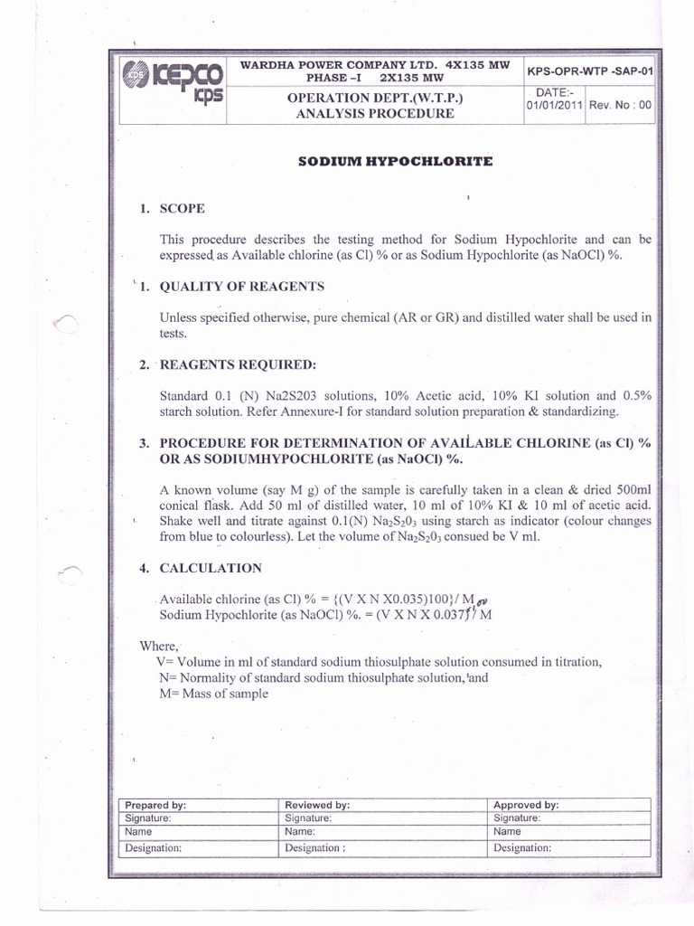 Purity of Hypo Chlorite | PDF | Chemistry | Chemical Substances
