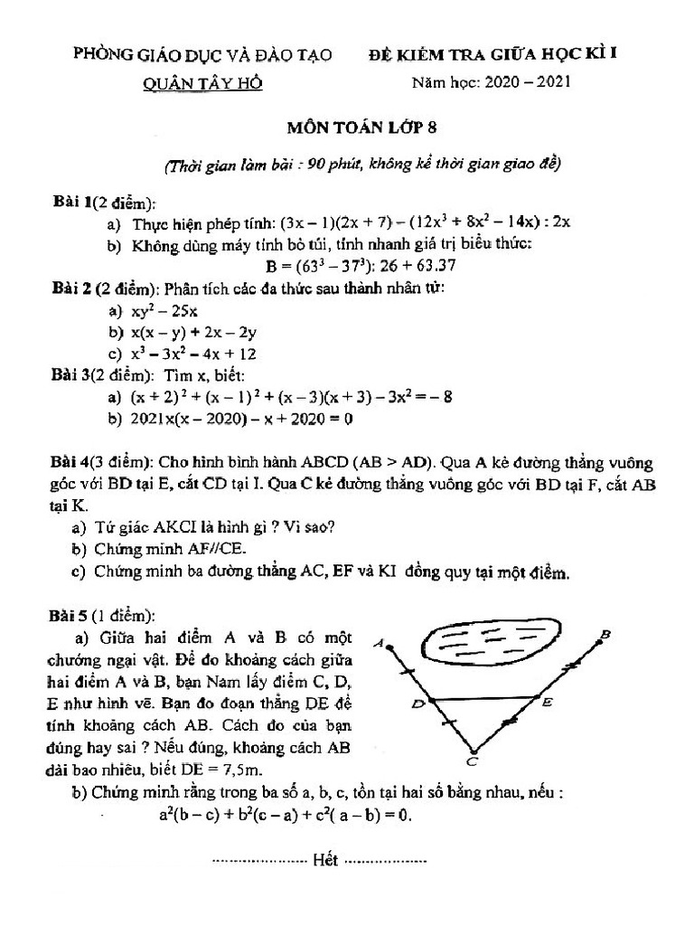 De Kiem Tra Giua Hoc Ki 1 Toan 8 Nam 2020 2021 Phong GDDT Tay Ho Ha Noi | PDF