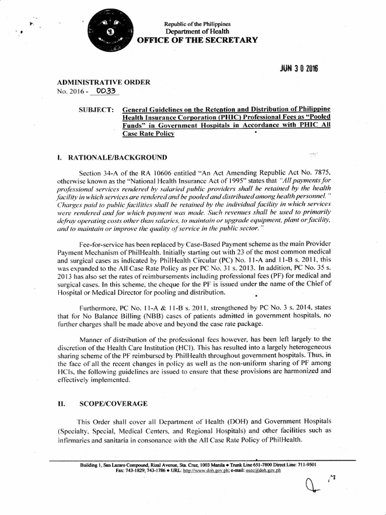 ao2016-0033-PHIC Pooling Dist | PDF | Social Programs | Health Care