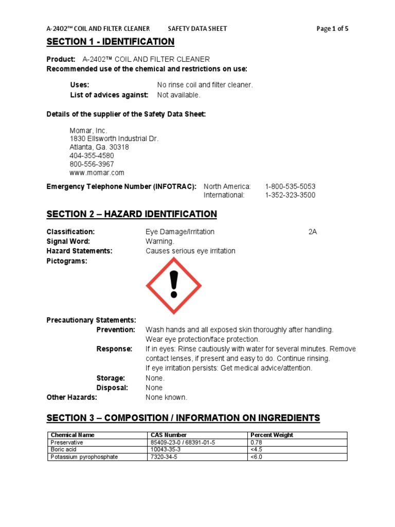 A 2402 Coil and Filter Cleaner - MSDS | PDF | Toxicity | Personal Protective Equipment