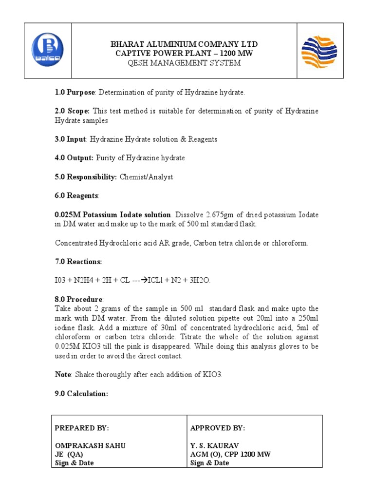 Purity of Hydrazine Hydrate | PDF