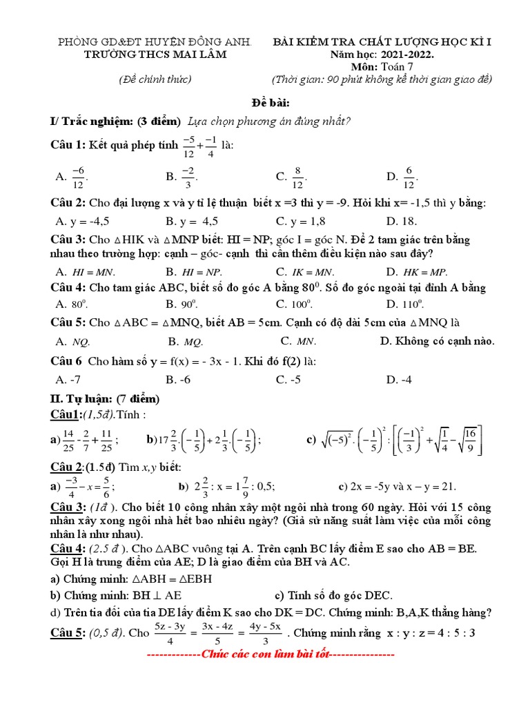 De Thi Hoc Ki 1 Toan 7 Nam 2021 2022 Truong Thcs Mai Lam Ha Noi | PDF