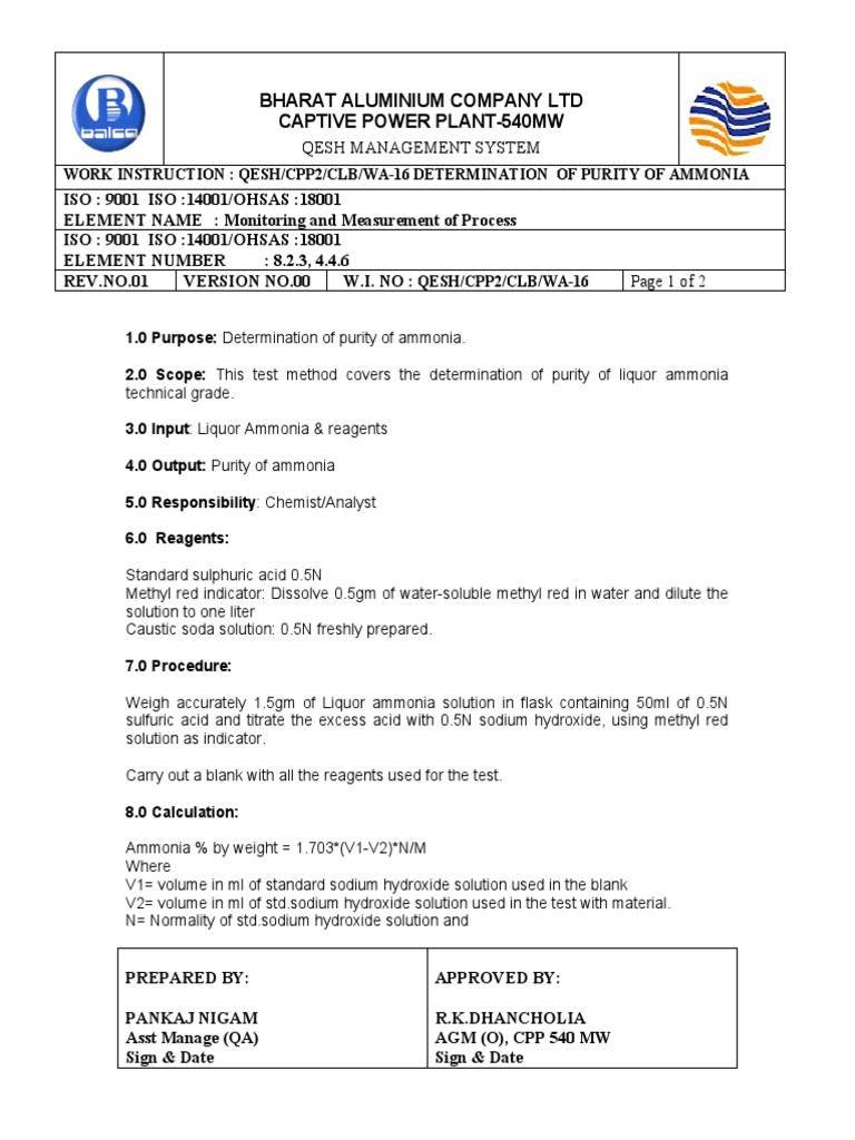 Purity of Ammonia | PDF | Ammonia | Sodium Hydroxide