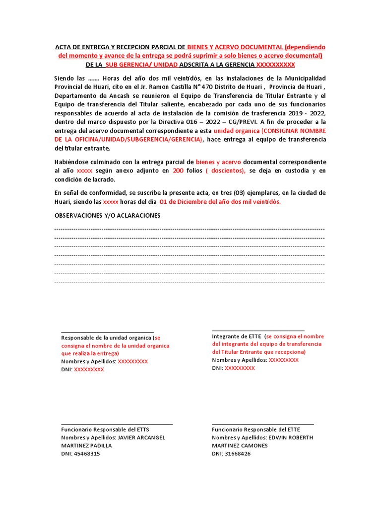 Acta de Entrega Parcial Modelo | PDF