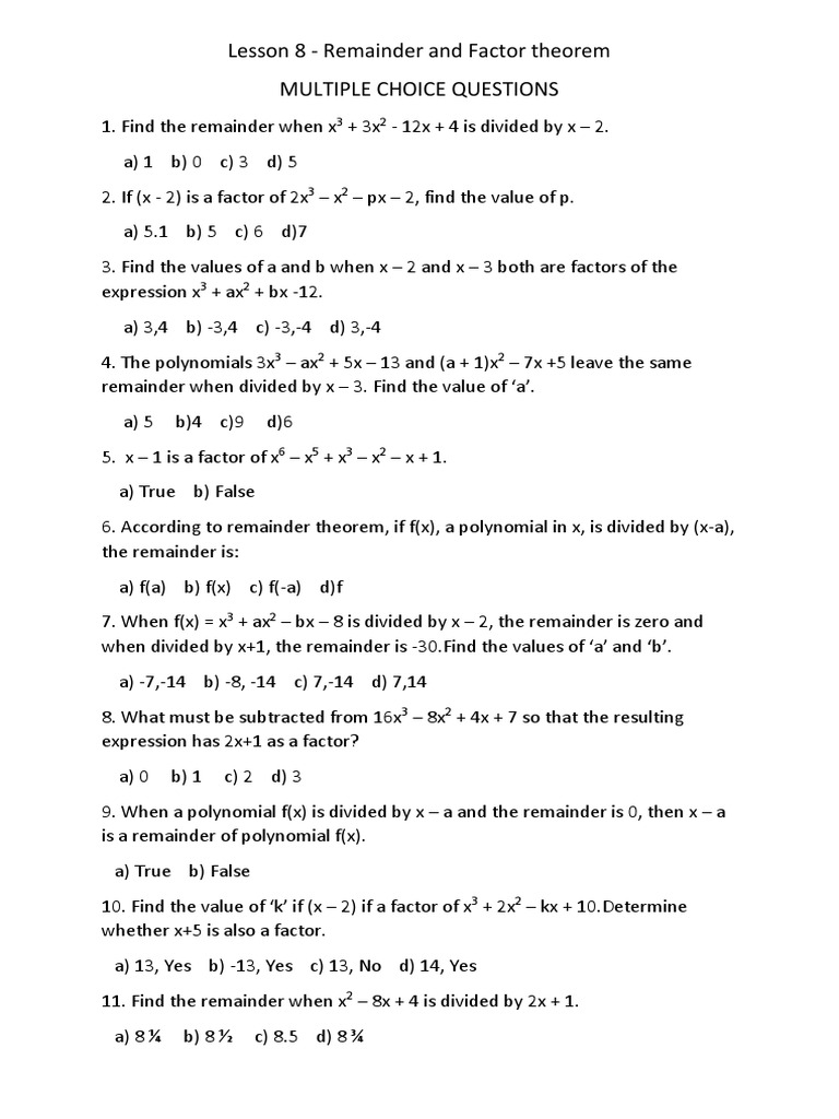 Remainder Factor Theorem - MCQ | PDF | Factorization | Mathematics Of Computing