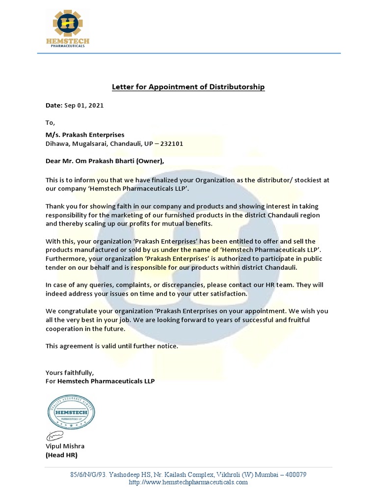 Letter of Stockiest Appointment | PDF