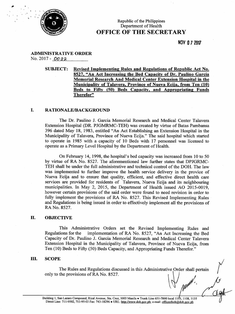 02 AO NO 2017-0022 Revised IRR RA No 8527 Inc Bed Capacity DPGMRMC | PDF