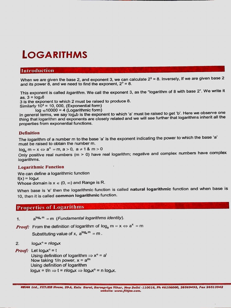 Logarithms Fiitjee Material | PDF