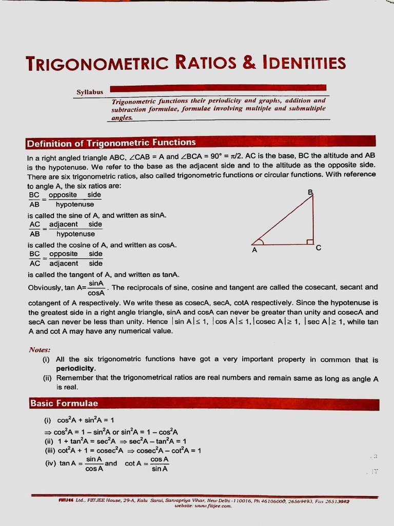 Trigo Ratios and Identities Part-1 Fiitjee | PDF