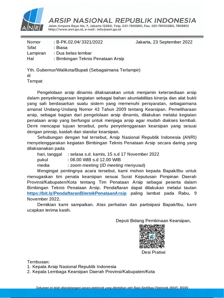 Surat Bimbingan Teknis Penataan Arsip-1 | PDF
