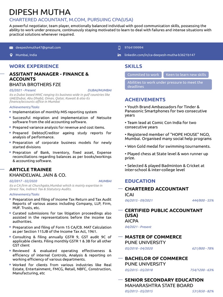 CA Dipesh Mutha Resume 1637419866 | PDF | Accountant | Certified Public Accountant