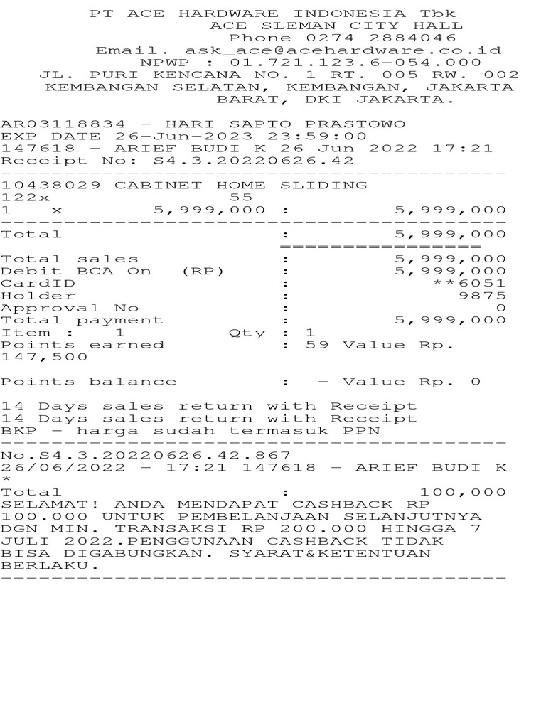 Ace Hardware Sleman City Hall Receipt | PDF