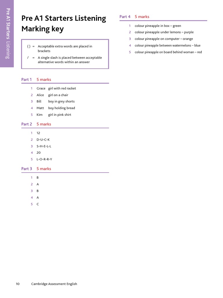 Sample Test - Starters - Listening (Key) | PDF