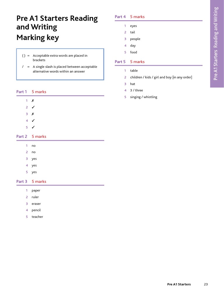 Pre A1 Starters Reading & Writing Test | PDF