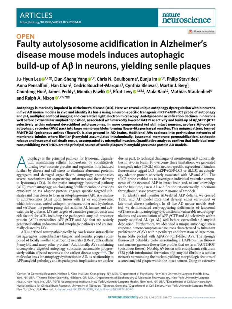 Faulty Autolysosome Acidification in Alzheimer's Disease Mouse Models ...
