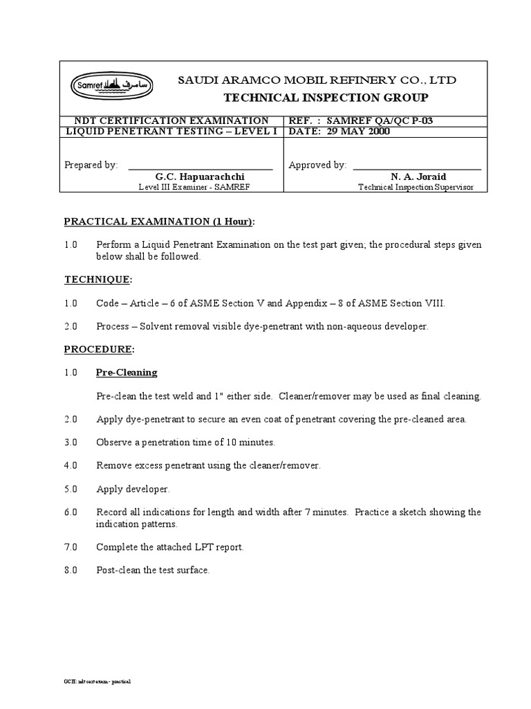Liquid Penetrant Testing - Level 1 (Practical) | PDF