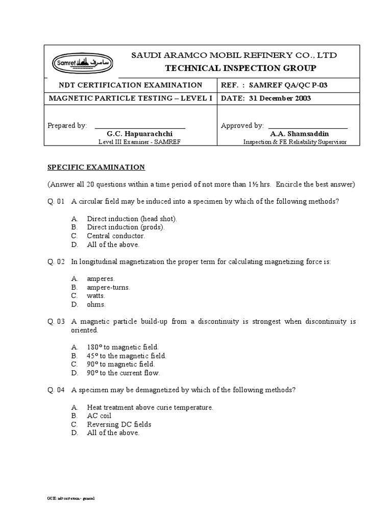 Magnetic Particle Testing - Level 1 (Specific Exam) - Dec-2003 | PDF ...