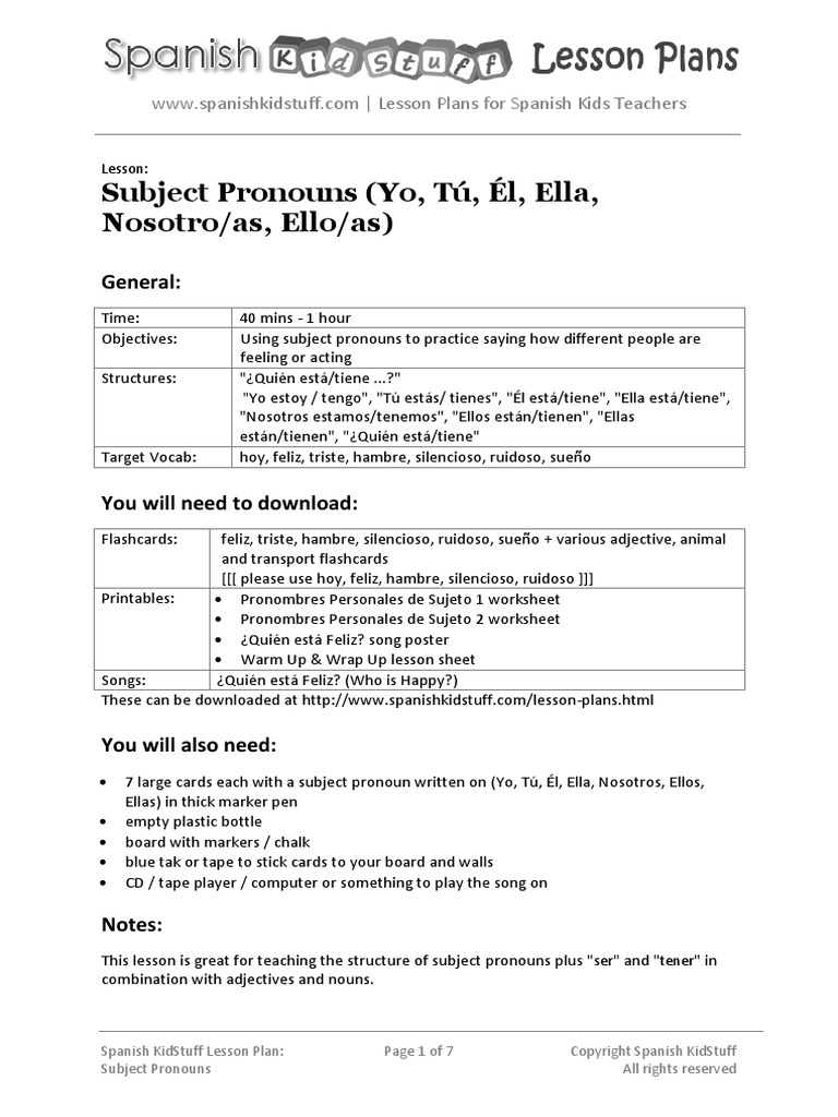 Subject Pronouns Lesson Plan | PDF | Linguistics | Linguistic Morphology