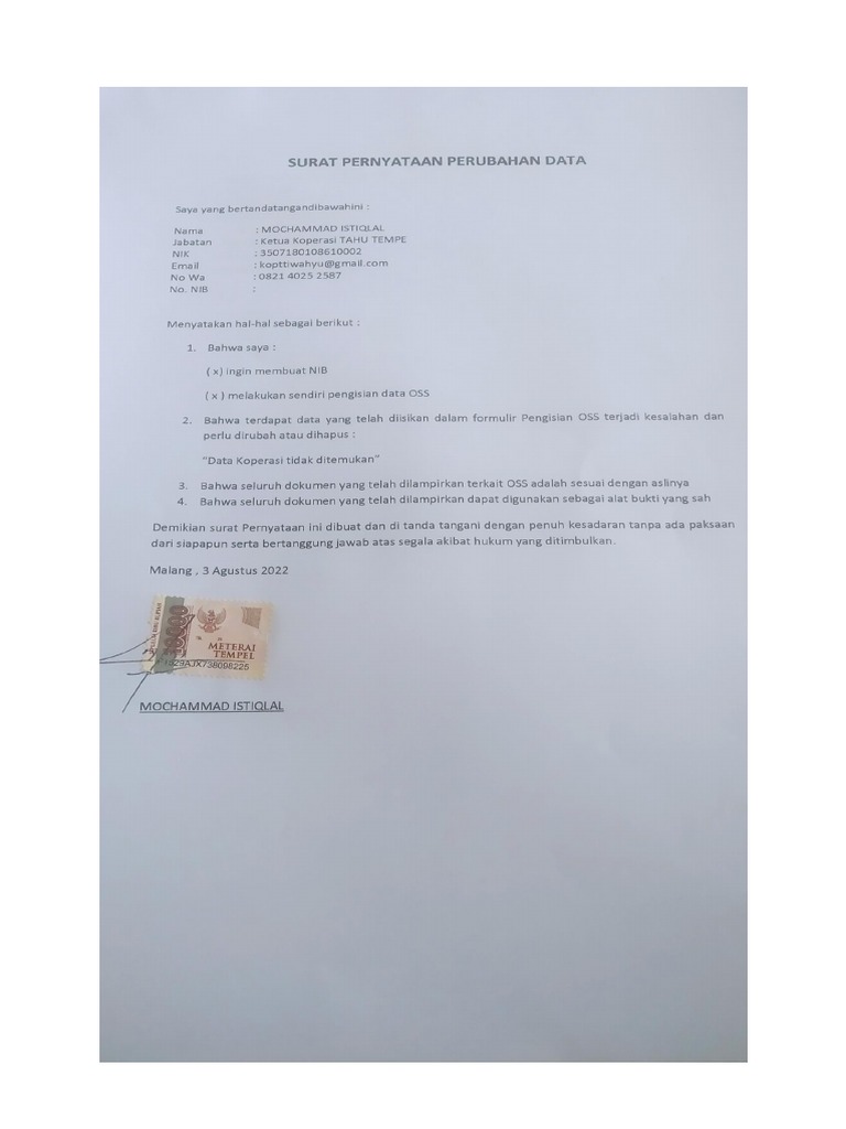 Surat Pernyataan Perubahan Data | PDF