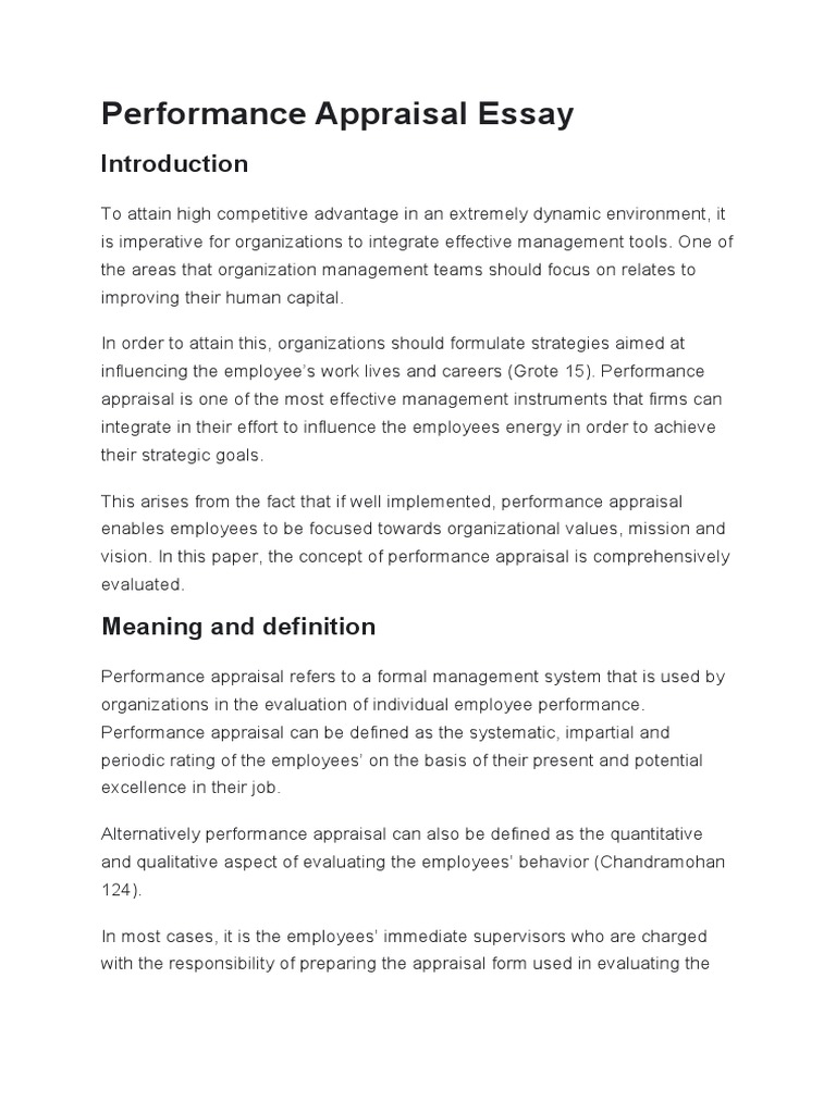 Performance Appraisal Essay | PDF | Performance Appraisal | Human ...