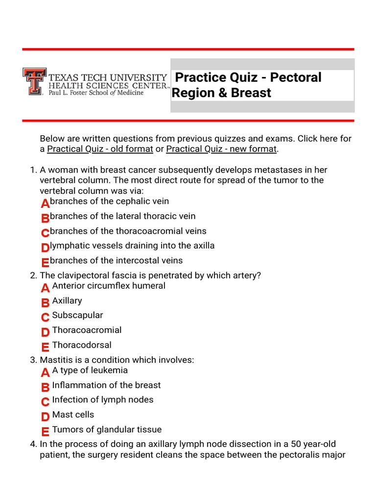 Practice Quiz - Pectoral Region & Breast - 1620839984675 | PDF | Arm | Metastasis